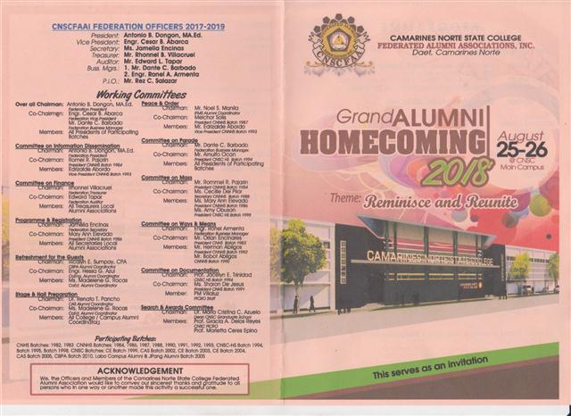 GRAND ALUMNI HOMECOMING 2018 PROGRAMME AND INVITATION | CNNAS / CANR / CNSC